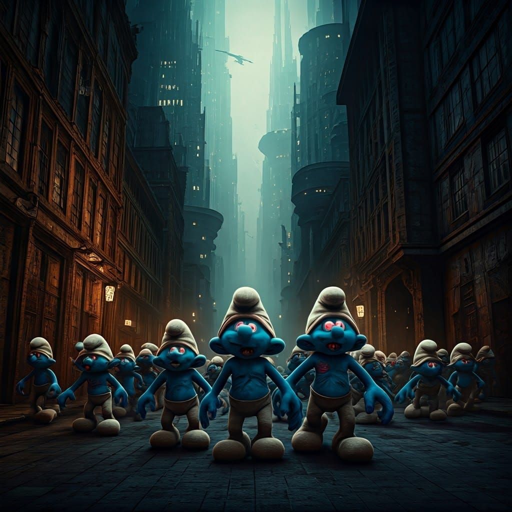 Lovecraftian Zombie Smurfs in a Retrofuturistic Ci... - AI Art