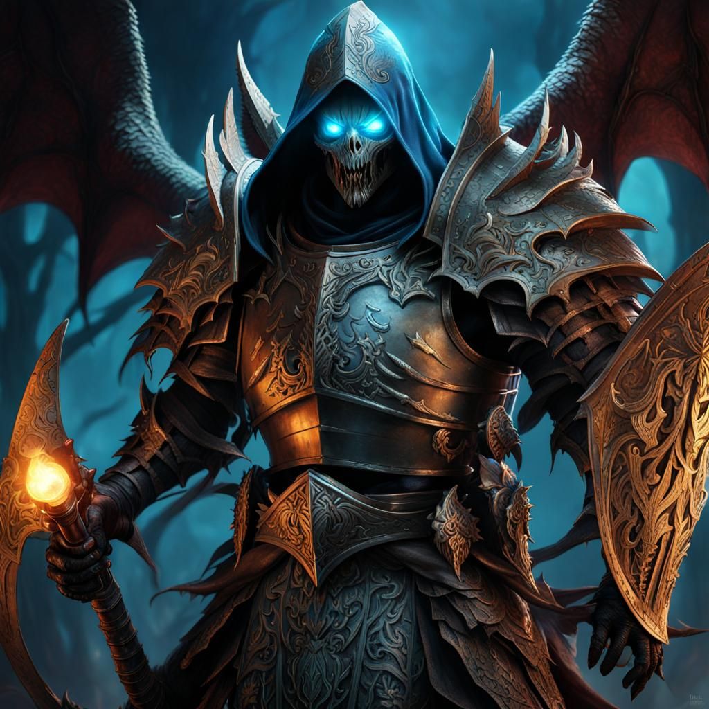 A lich in heavy plate armor with a hood that shrouds his entire face in ...