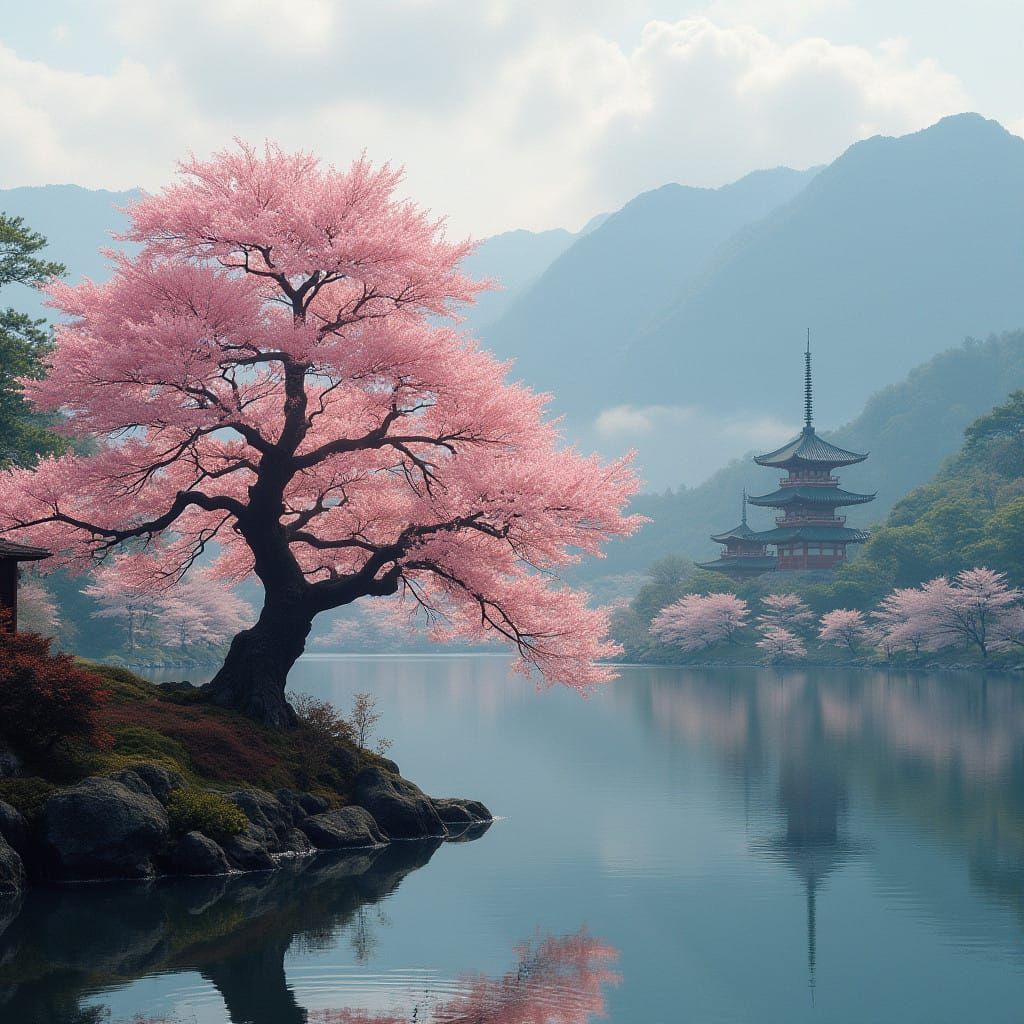 Sakura Tree Serenity: A Majestic Ancient Tree in a... - AI Art