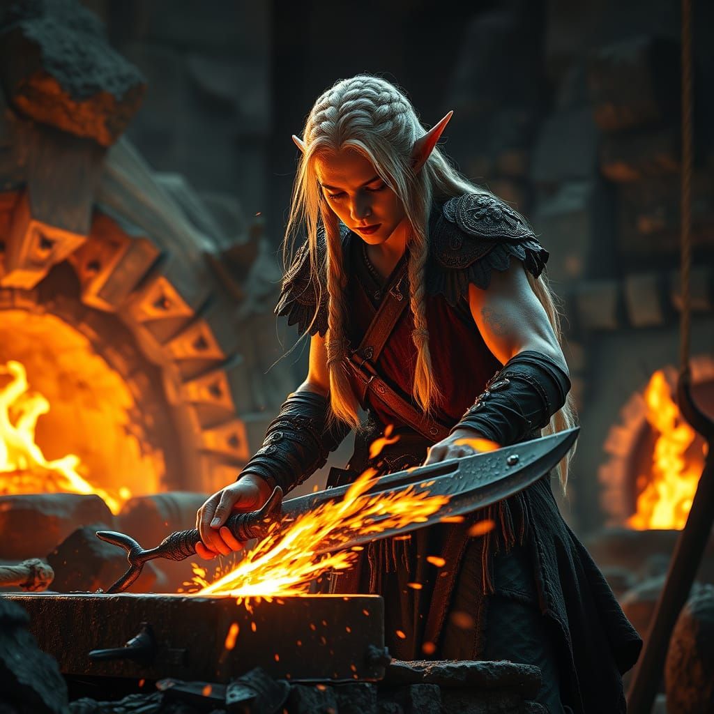 The legendary elven blacksmith, her silver hair bound in a crown of ...