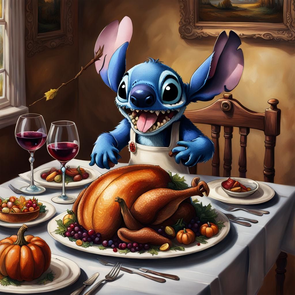 Stitch eating Thanksgiving dinner, perfectly rendered surrealism - AI ...