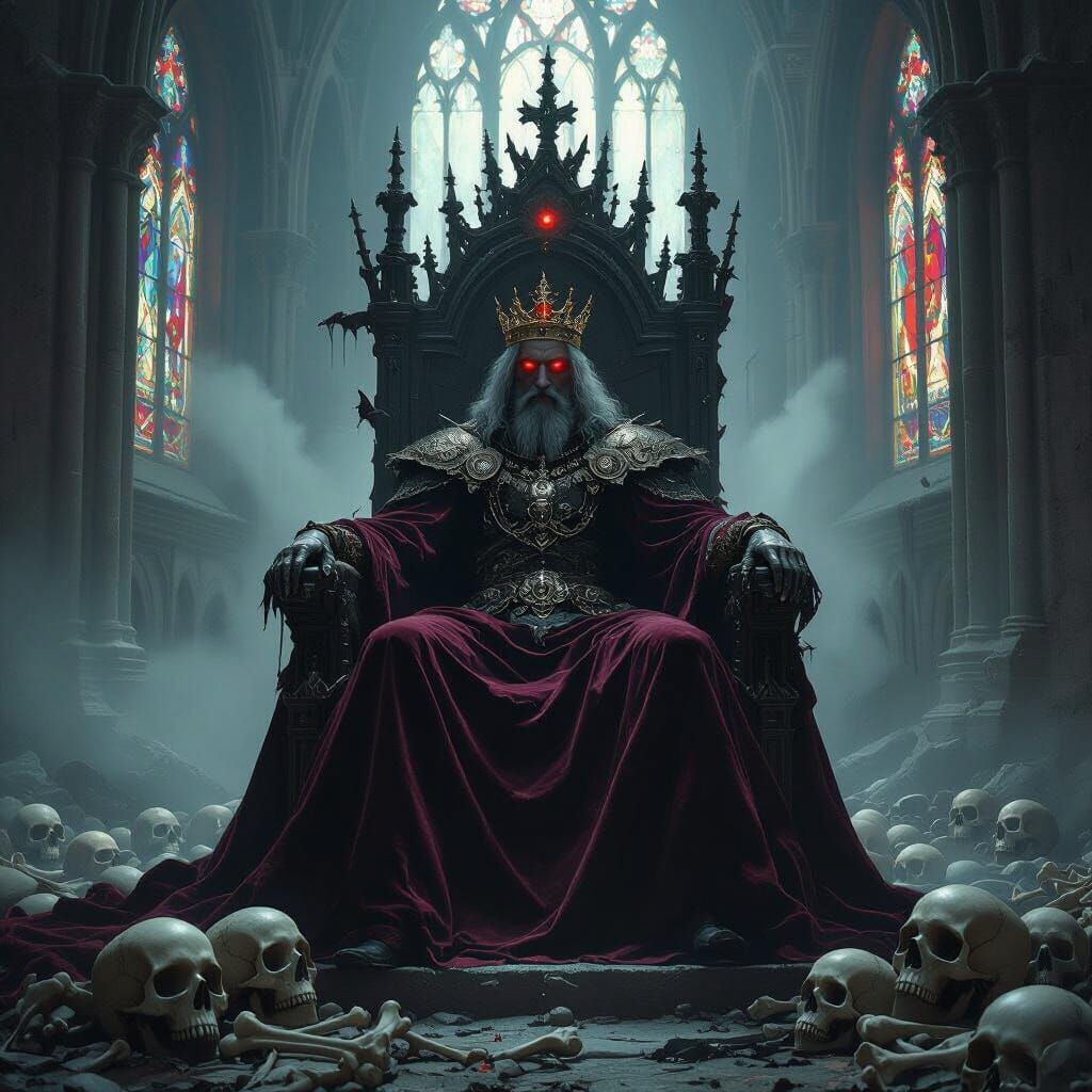 Cursed King on Bone Throne in Ruined Cathedral - AI Art