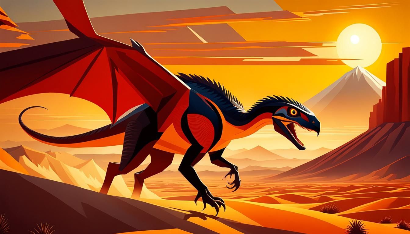 Utahraptor running in the prehistoric desert. Volcano in the background ...