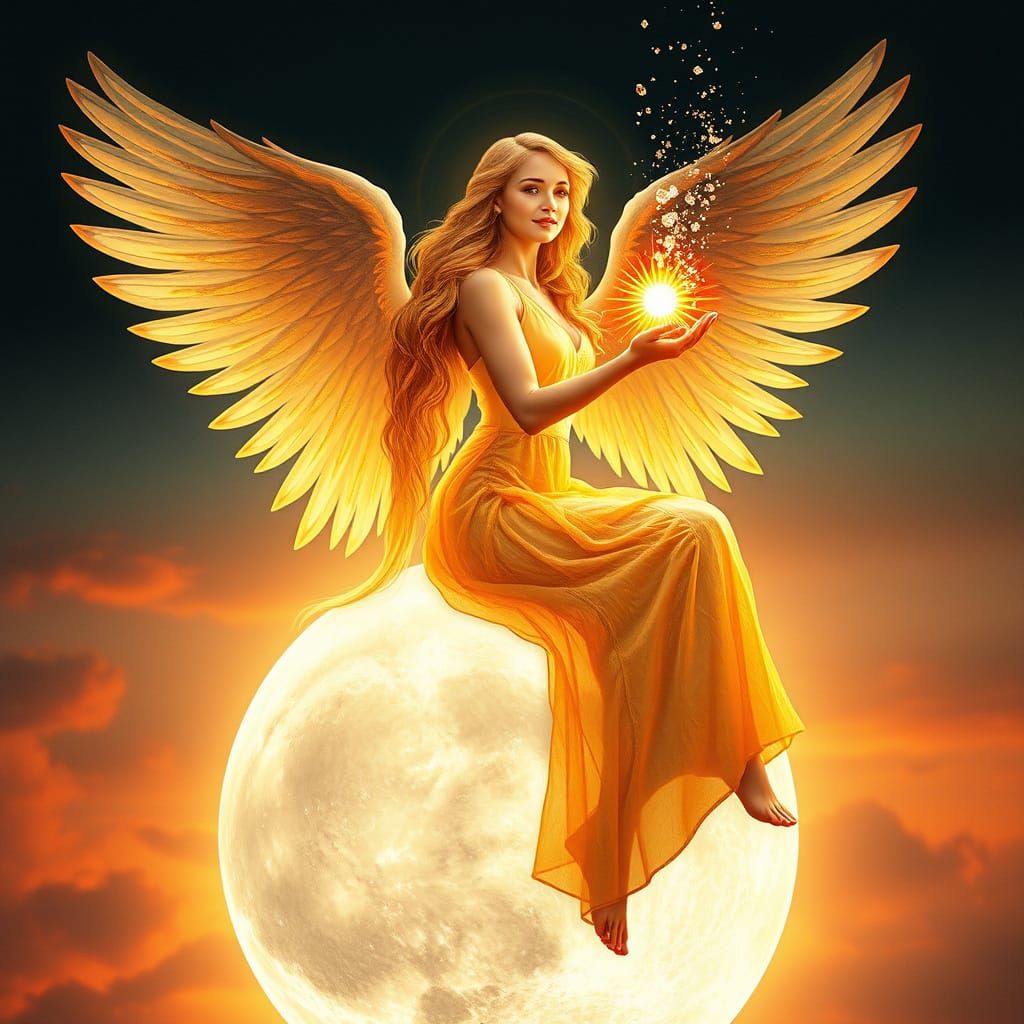 Angel on 4D Silver Moon in Ethereal Glow - AI Art
