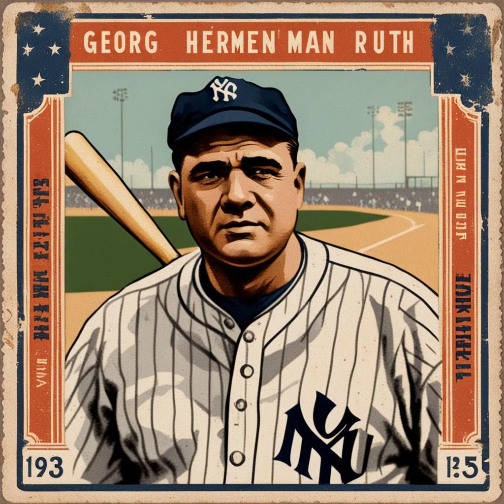 weathered vintage George Herman „Babe“ Ruth Jr. hitting a home run - AI ...