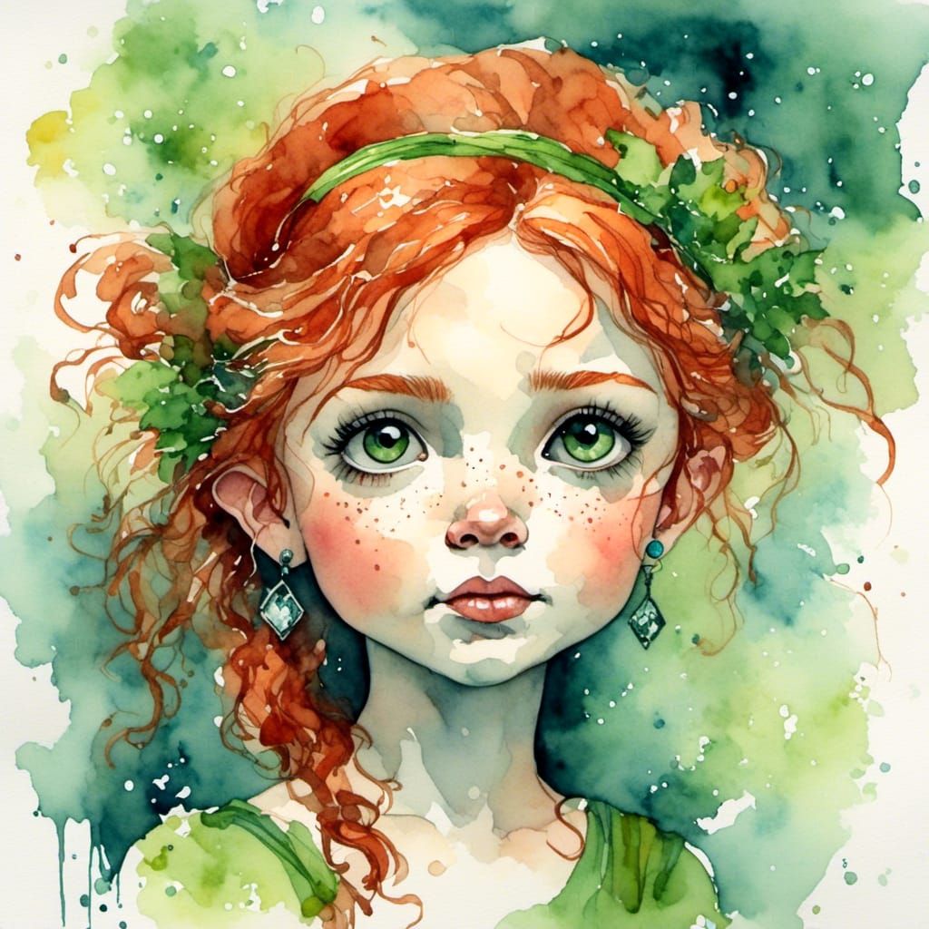 watercolor, chibi, Red-haired young woman with big green eyes and ...