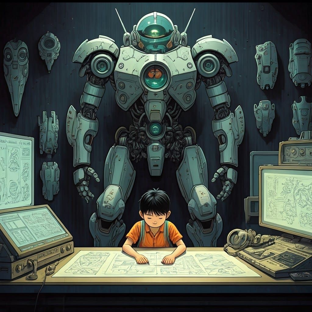 Japanese child working on blueprints for an amazing machine in a laboratory. There are mecha ...