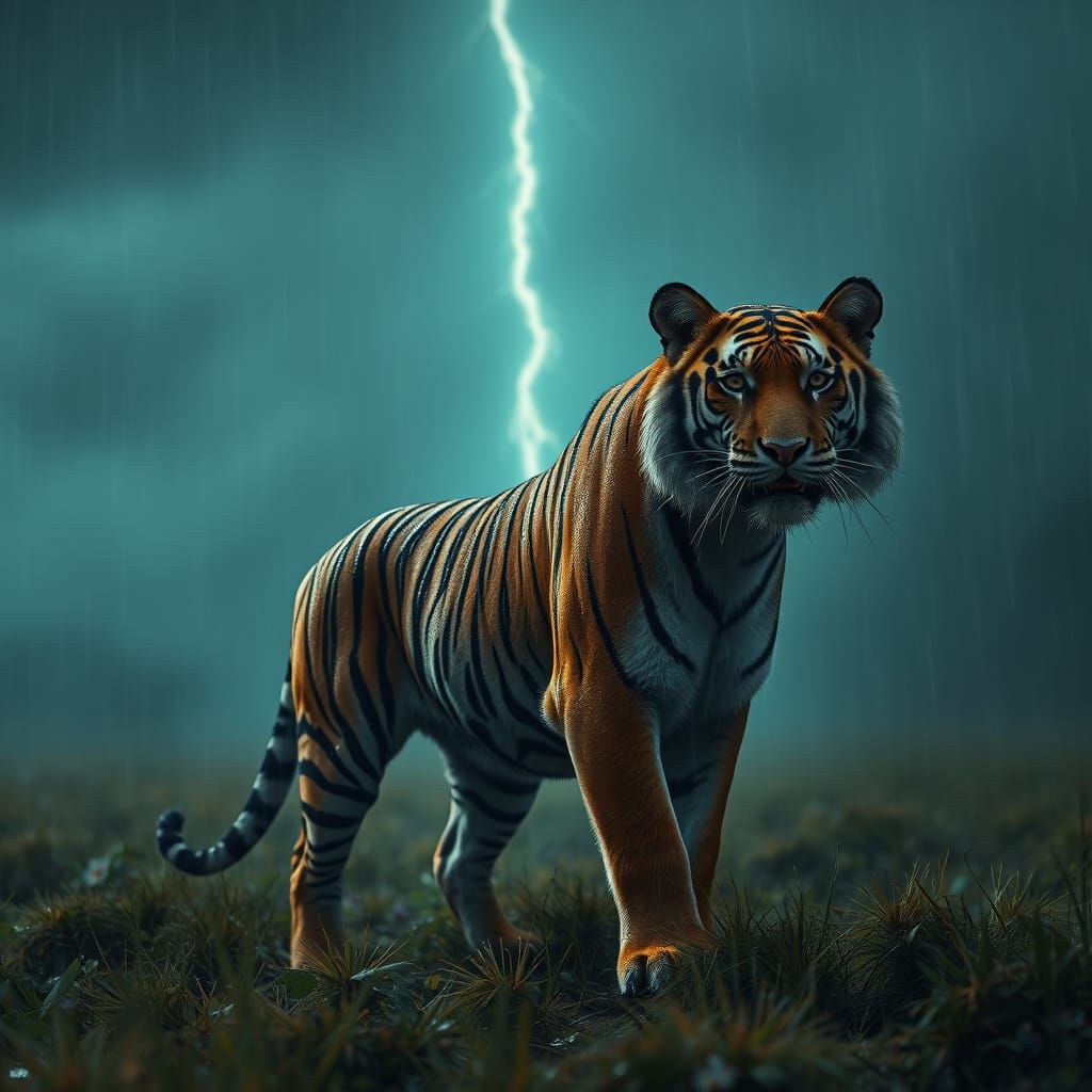 Tiger in a Thunderstorm: A tiger standing in a clearing during a ...