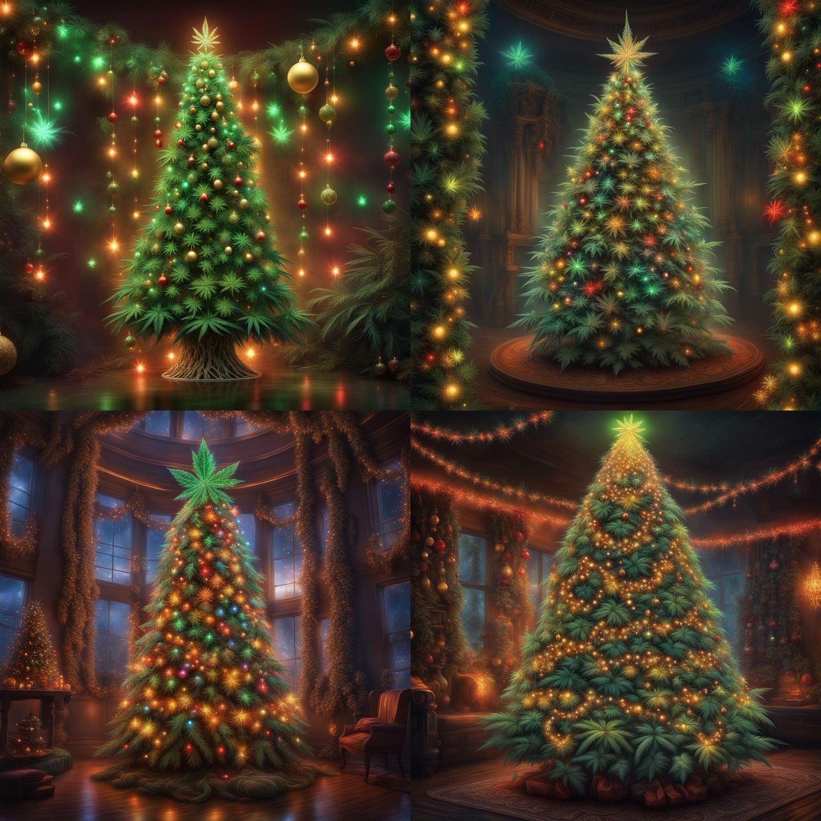 marijuana christmas tree, marijuana forest, bulb ornaments, garland, sparkle, christmas lights ...