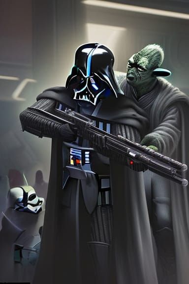 ™️ 📙 👴 🗄 Darth vader and yoda hugging each other in a dark room full of ...