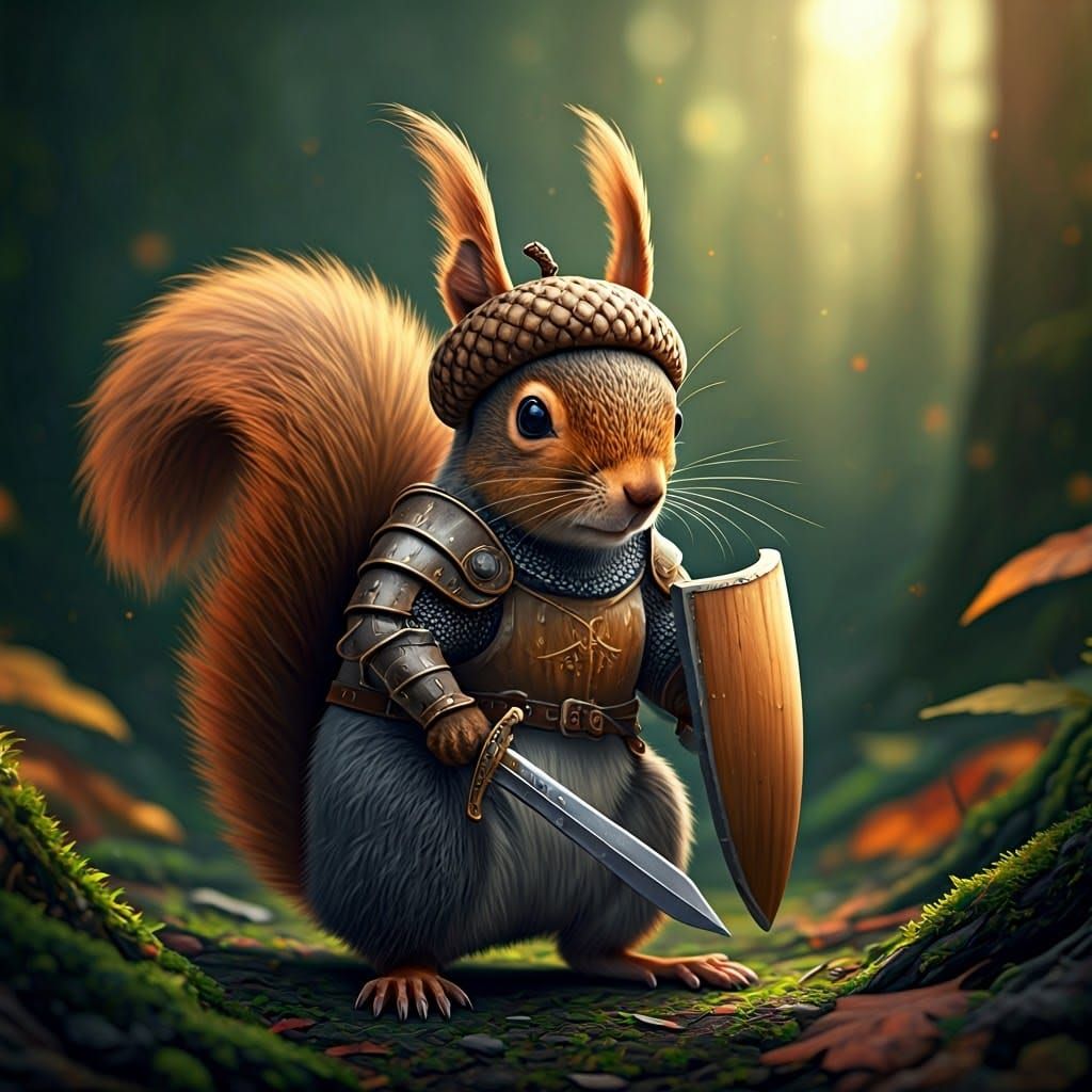 Squirrel Knight in Whimsical Forest Realm - AI Art