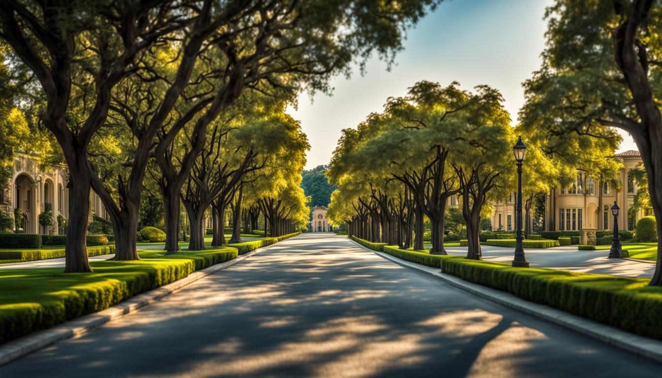A beautiful tree lined boulevard in a gated community with massive ...