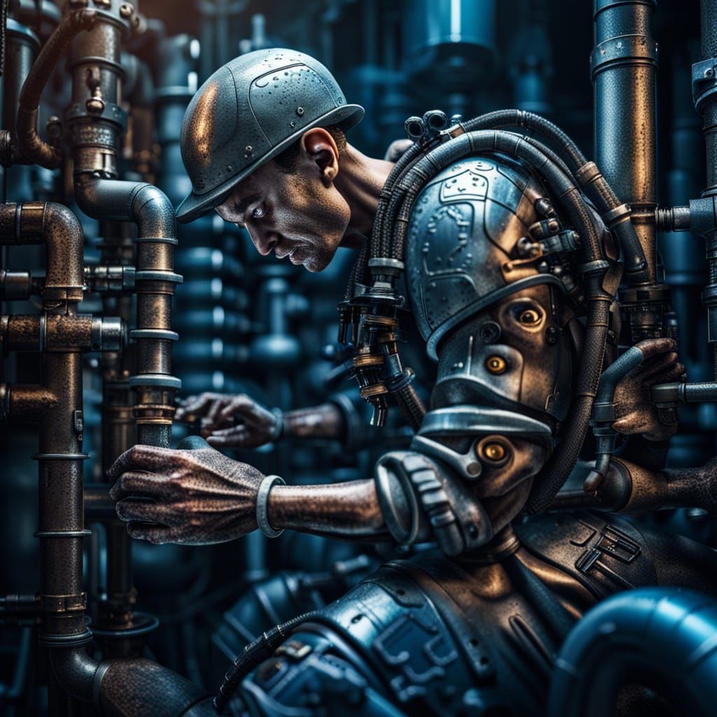Robotic futuristic plumber trying to work on water pipes that only ...