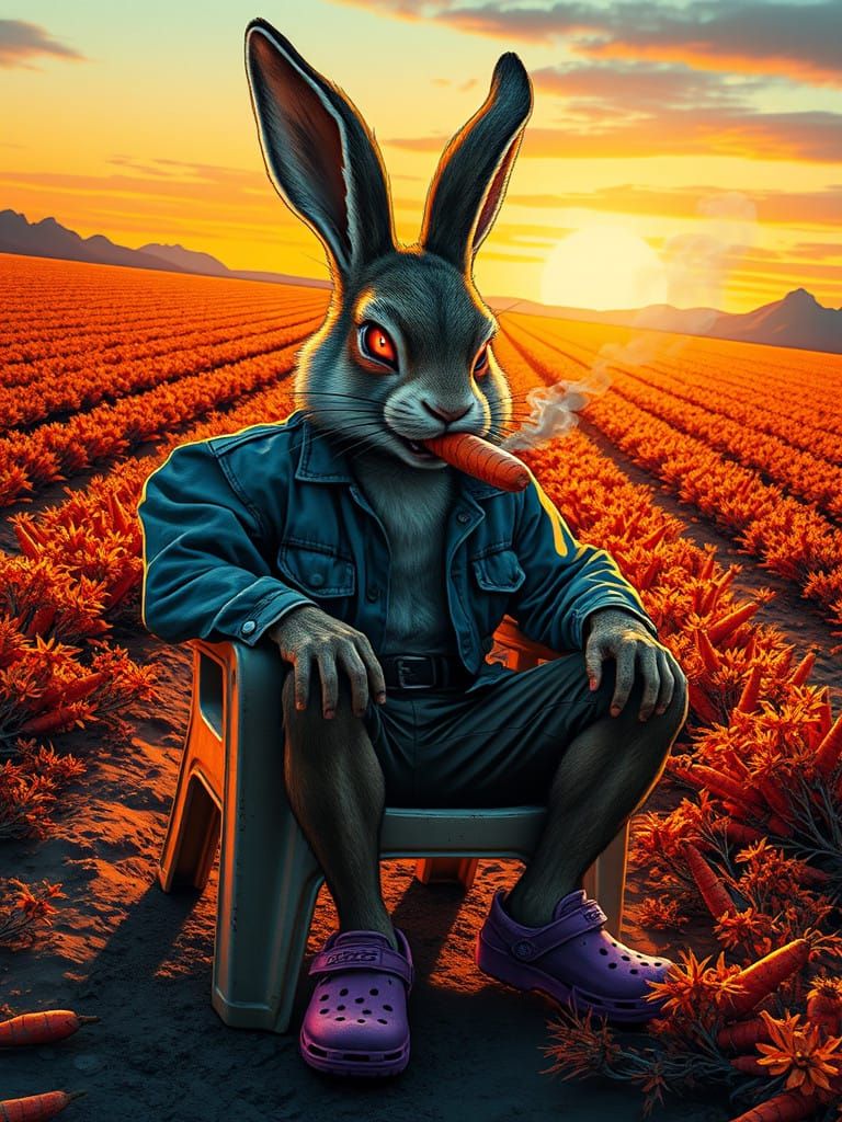 A sinister rabbit with glowing crimson eyes lounges in a cheap plastic ...