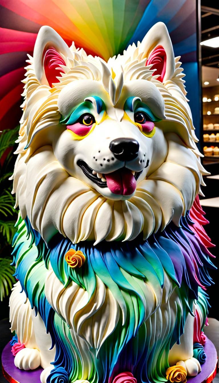Colorful cake sculpture of a Samoyed - AI Generated Artwork - NightCafe ...