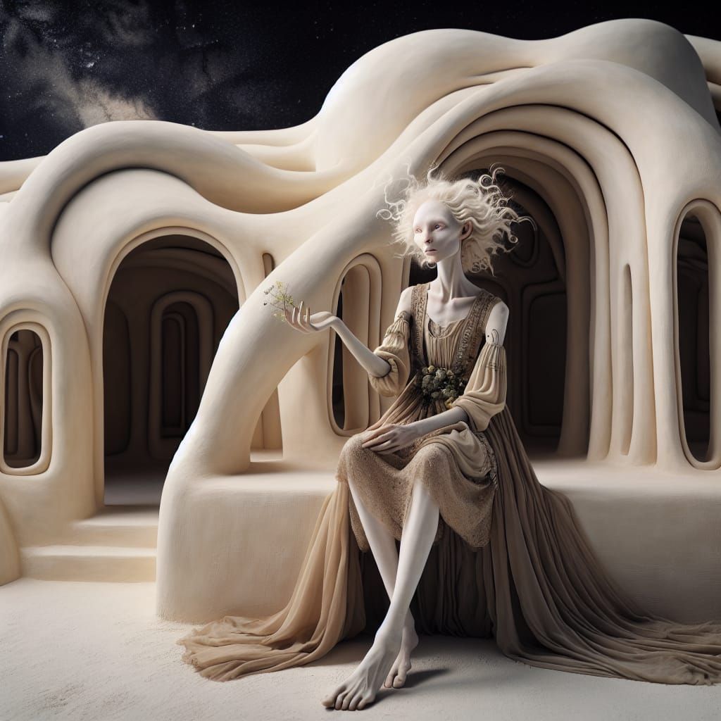 .Architecture in the style of biomorphism in pure cream color in front ...