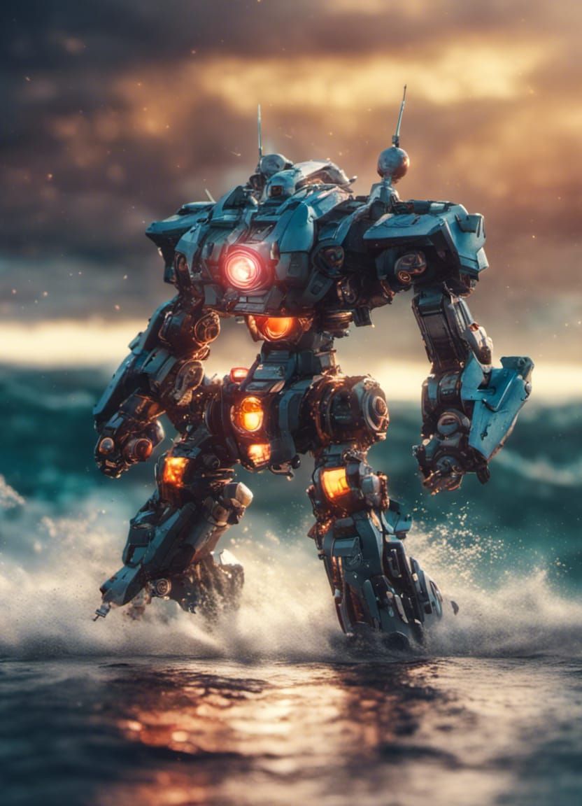 Dynamic jaegermech Mecha running through the ocean, dramatically shaded ...