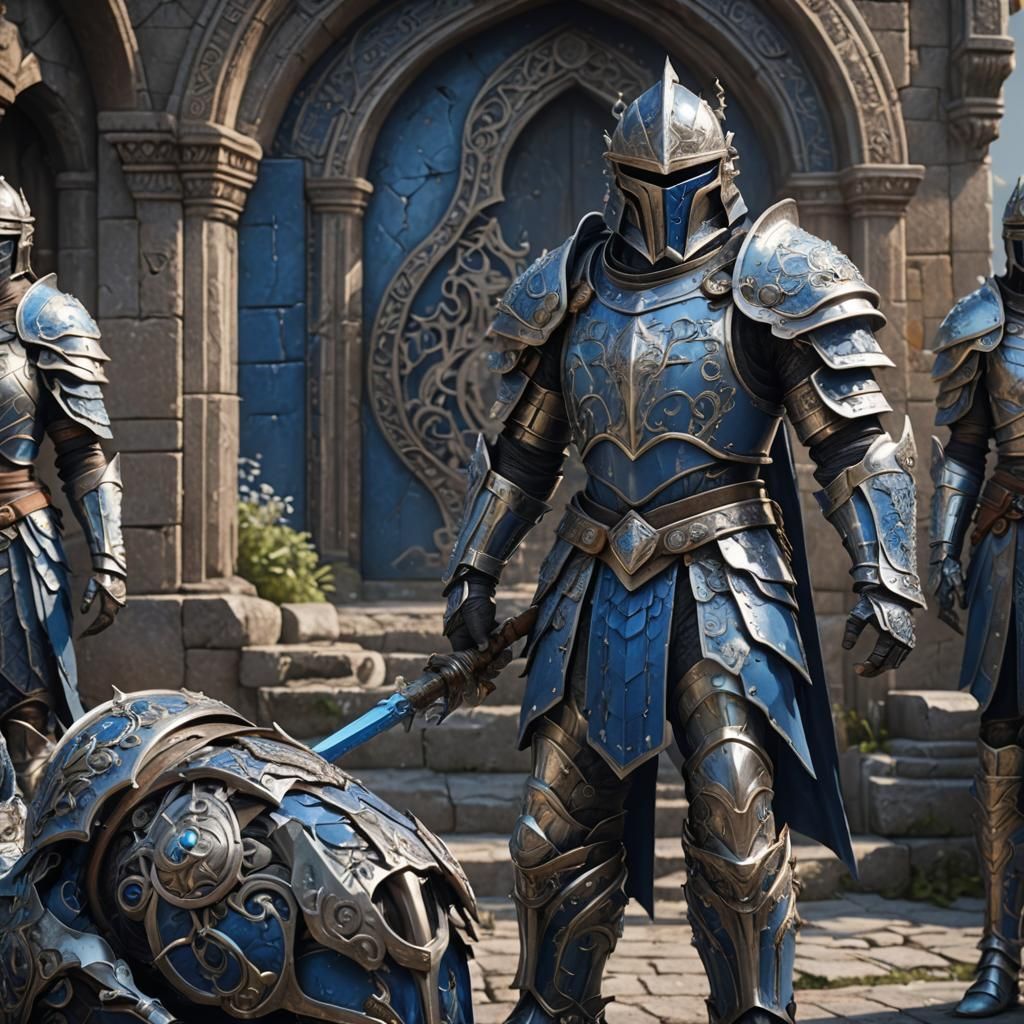 standalone intricately detailed and finely crafted silver&blue armor ...