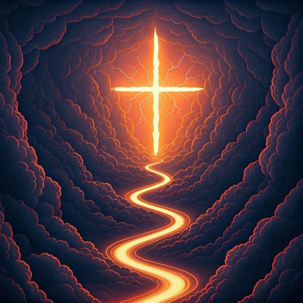 Apocalyptic Pathway Unveils Fiery Cross in Turbule... - AI Art