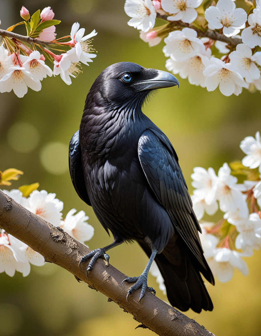 Blue Eyed Raven In Cherry Tree - Leucistic Raven in Cherry B...