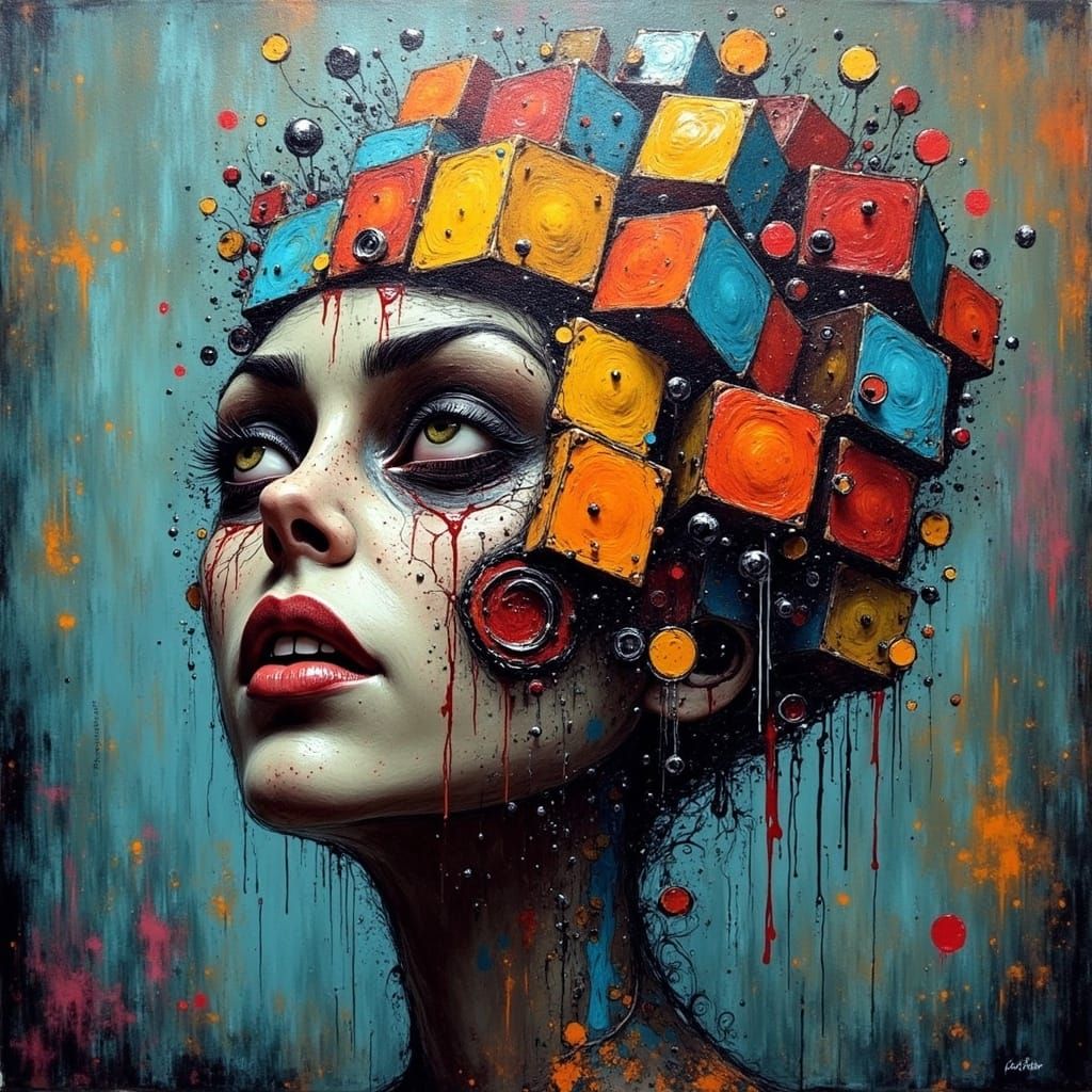 Rubik's Cube head. surrealism analogous colors Tim Burton Dan Mumford ...