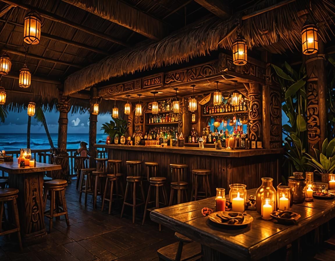 Candlelit Scene Of a Tiki Bar, Cyclone Night Epic cinematic brilliant ...