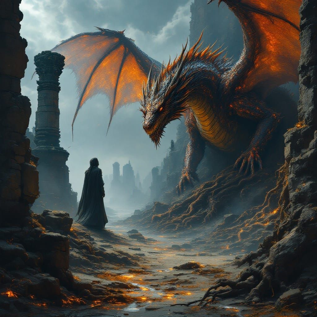 Dragons end - Dragon in Ancient Landscape, Molten Lava Scale...