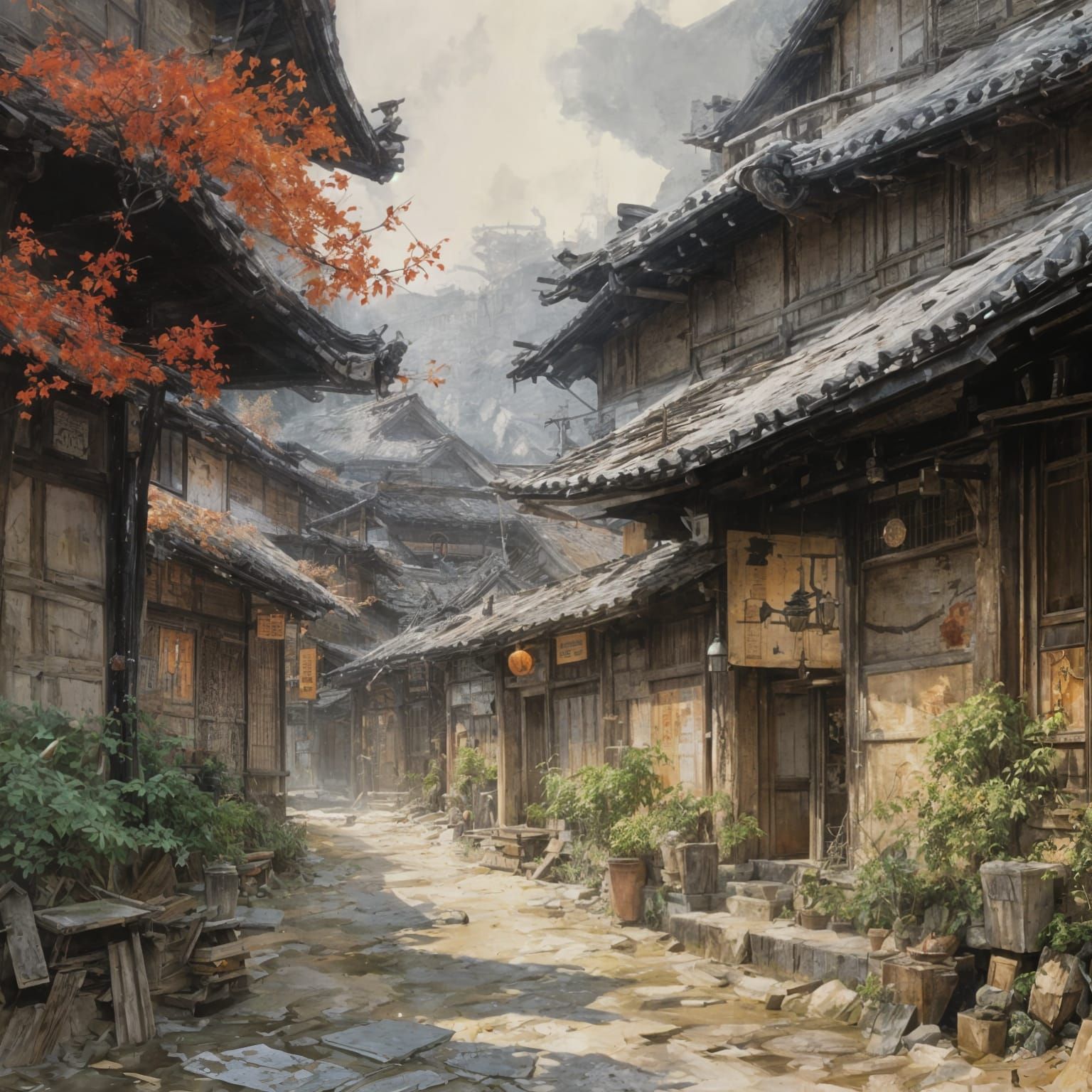 Japan traditional village, Ink, splash art
