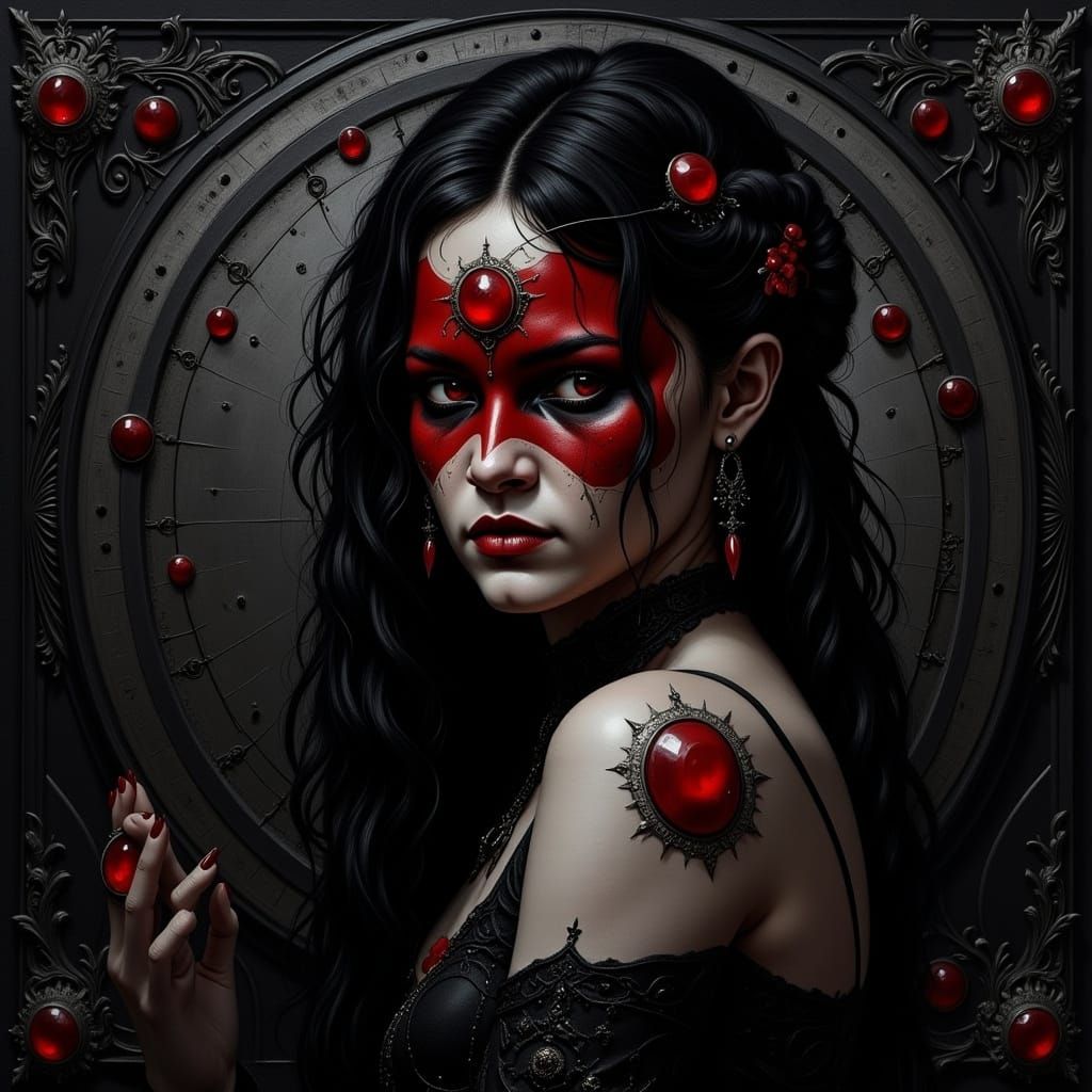 A Gothic girl wearing blood red rubies.
