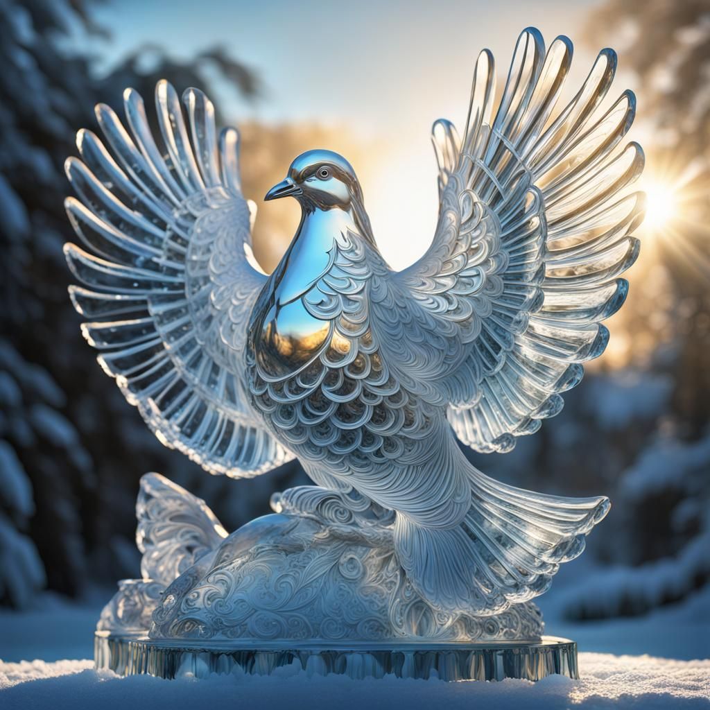 sunlight hitting an intricate, ornate Peace Dove ice sculpture ...