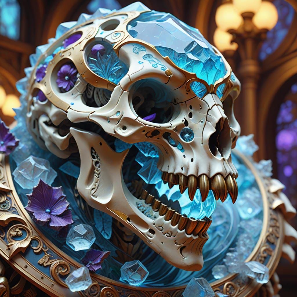 Ethereal Ice Raptor Skull in Golden Hues - AI Art