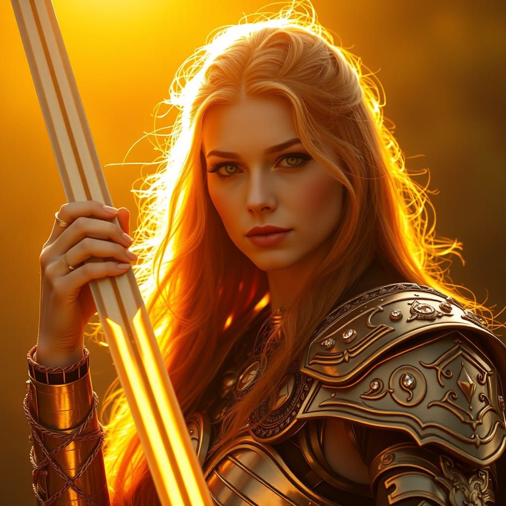 Golden Sunrise Warrior with Radiant Skin and Fiery... - AI Art