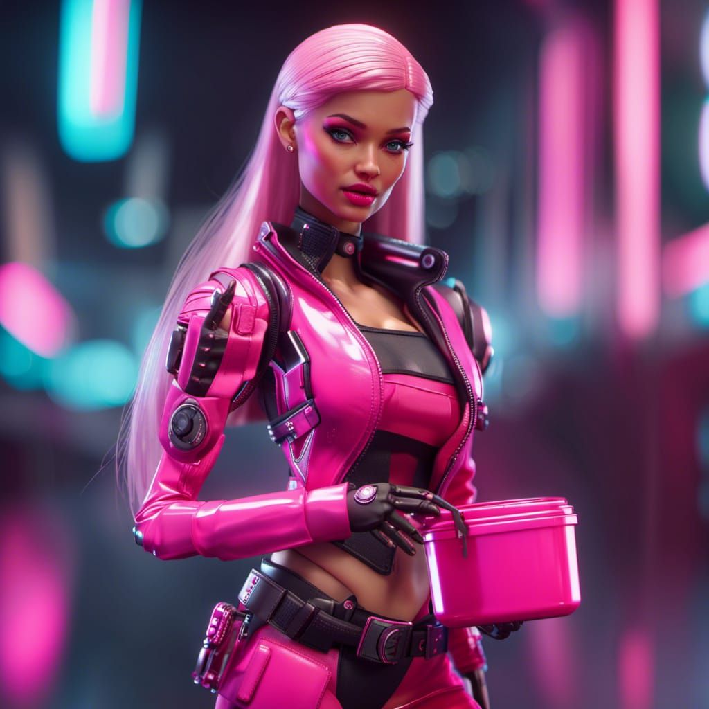 Cyberpunk Barbie Doll Holding a pink container - AI Generated Artwork ...