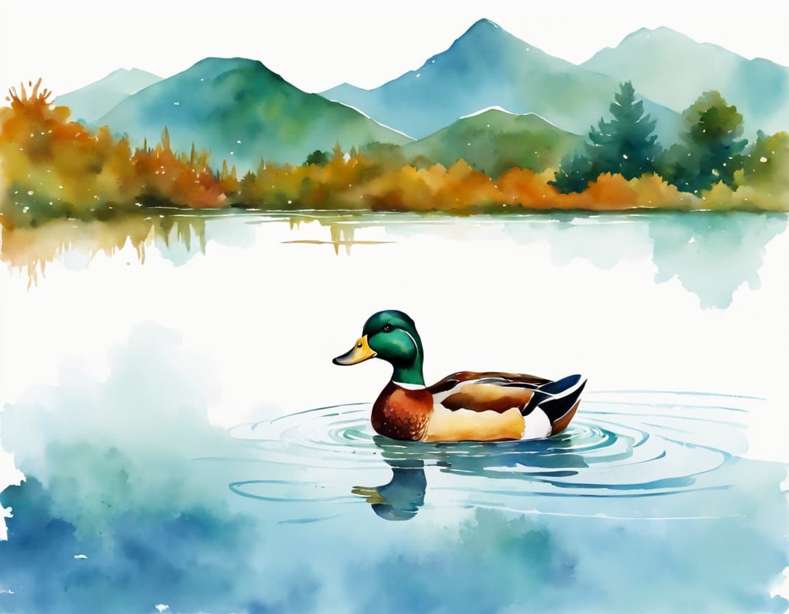A Chillin' Duck DEF - Tranquil Watercolor Duck in Serene Lan...