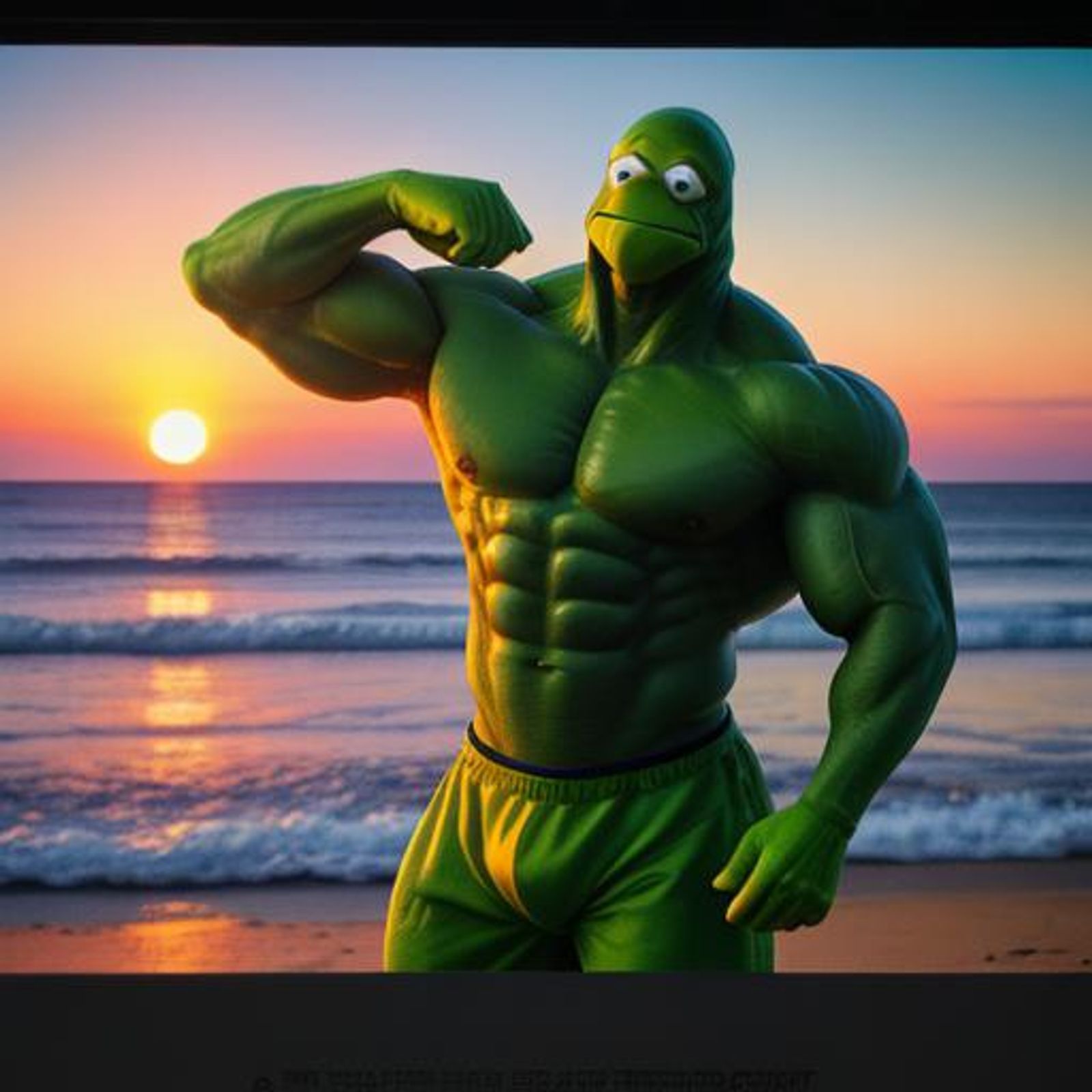 body builder kermit at the beach with a sunset - AI Generated Artwork ...