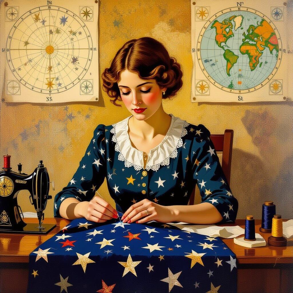 The Seamstress of Stars - Seamstress Stitching Stars: Oil P...