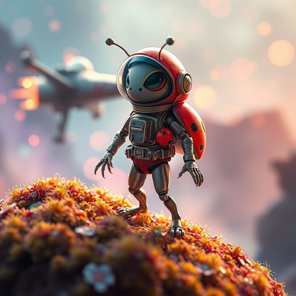 Whimsical Ladybug Alien Explorer in Shimmering Spa... - AI Art