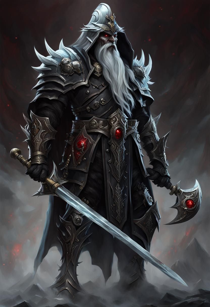 The old tyrant Lich King. He wore thick black skull-shaped heavy armor, a black cloak, and a ...