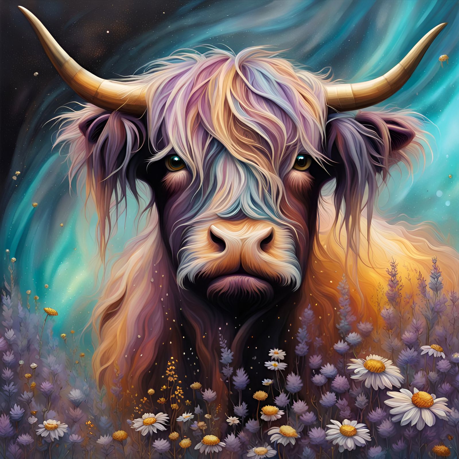 Highland Cow in the daisies. - AI Generated Artwork - NightCafe Creator