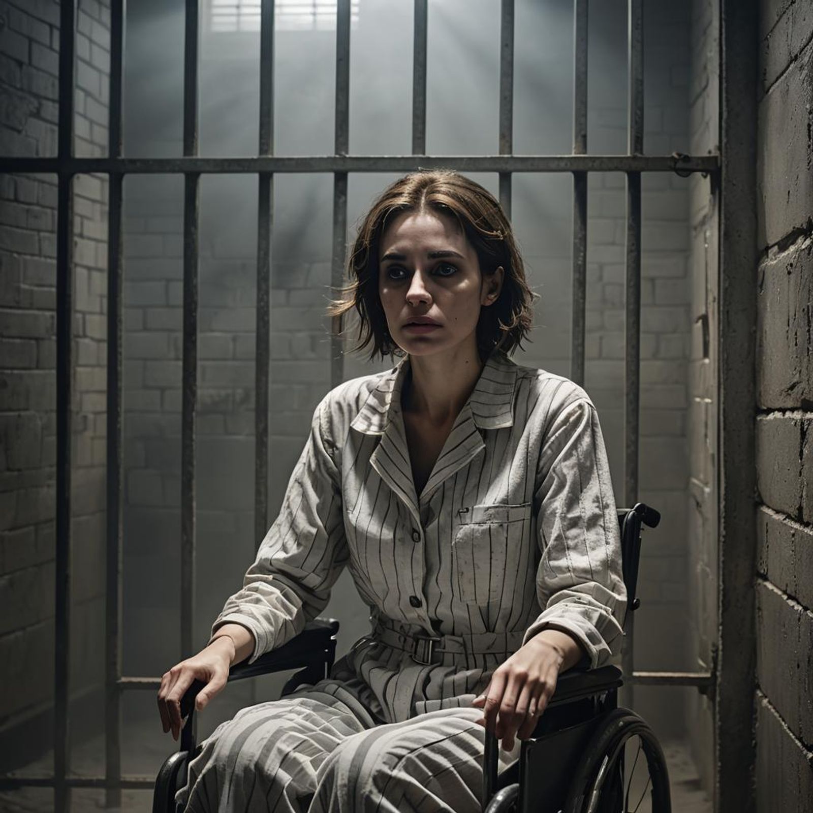 Extremely scared young woman sitting in a wheelchair locked up in a ...