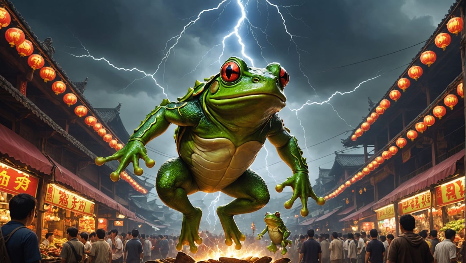 A god frog that emits lightning from its body around it in the air ...