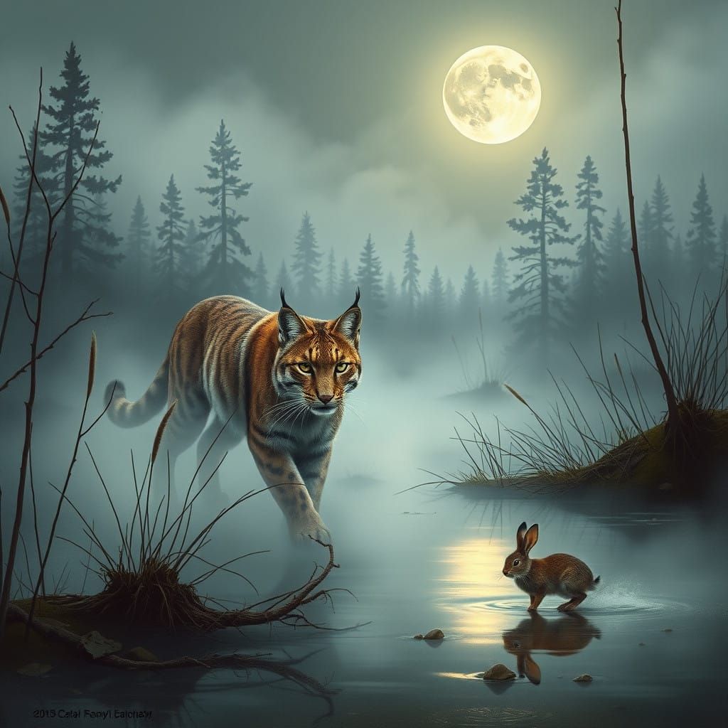 Ethereal Swamp Chase Under a Full Moon - AI Art