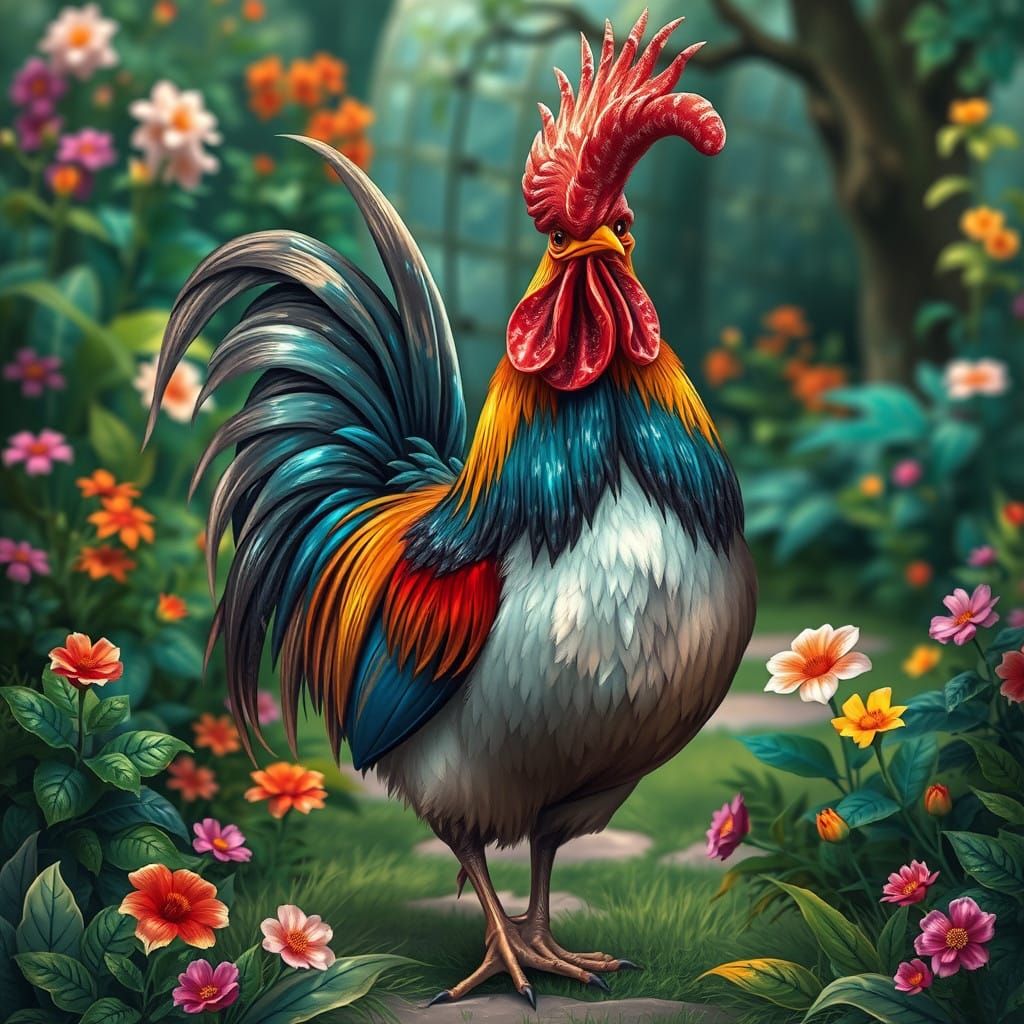 Stately Rooster in Whimsical Garden Scene - AI Art