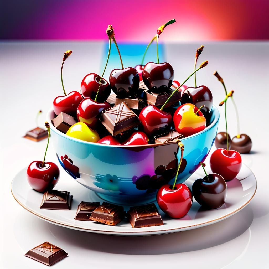Very brights and Colorful cherries AND chocolates bars on a White ...