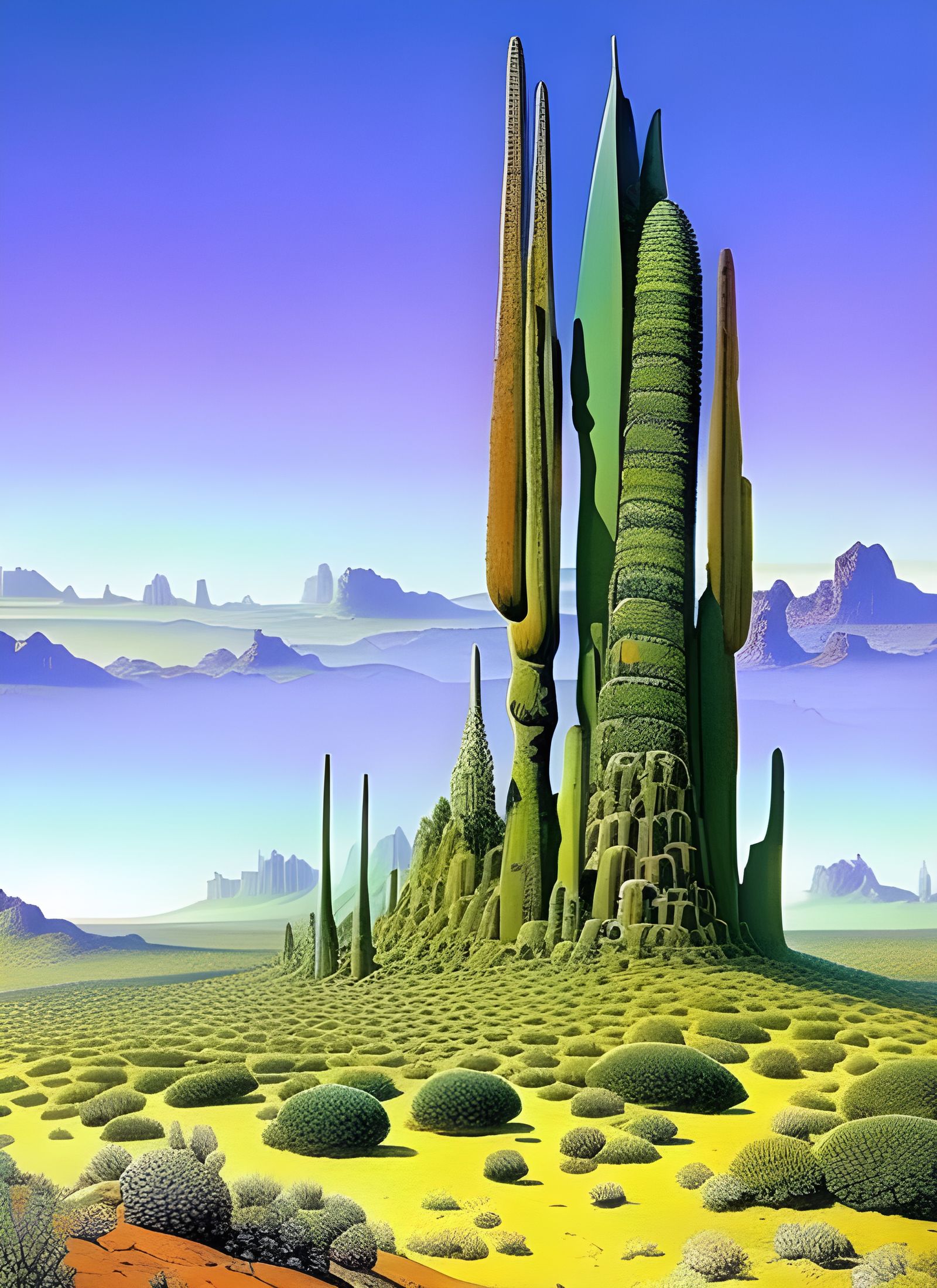 giant green cactus building with windows, chimneys and outer staircases ...