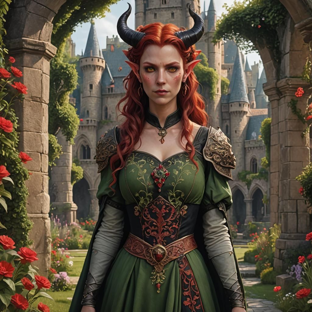 A (((female druid tiefling))), with striking (((small black horns))), red hair, and normal fair ...