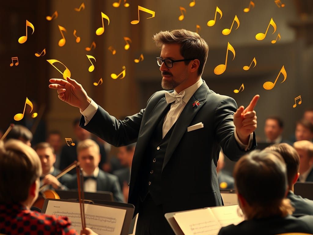 Conductor Surrounded by Enchanted Musical Notes in... - AI Art