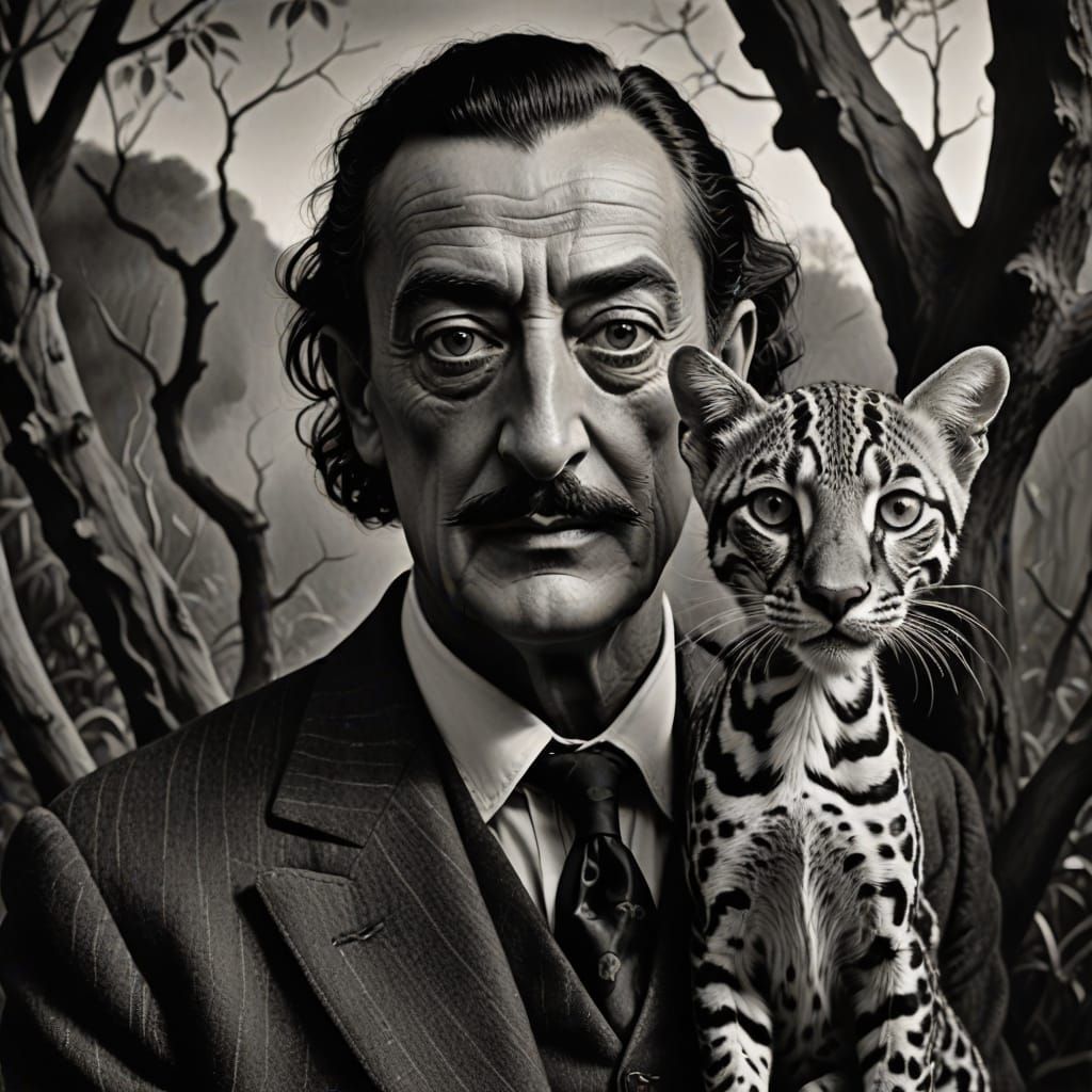 Black and white portrait of Salvador Dalí, middle-aged, Caucasian male ...