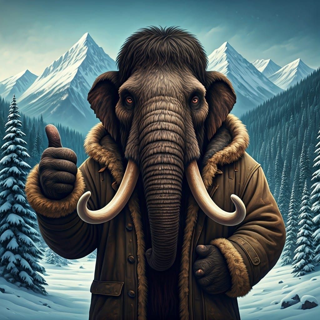 Realistic Wolly Mammoth Giving a thumbs up wearing a winter coat snowy mountains evergreen trees