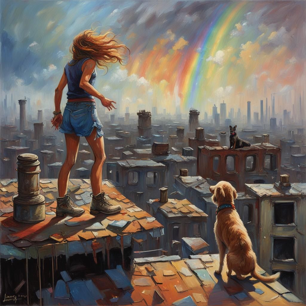 Girl and her dog dancing on the roof top of a ruined post apocalyptic ...